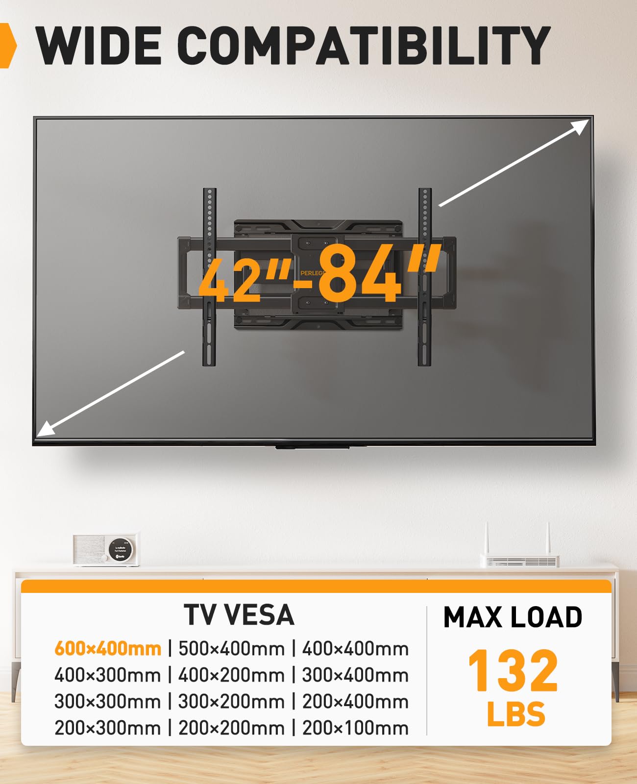 Perlegear Full Motion TV Wall Mount for Most 37-82 inch Flat Curved Screen up to 100 lbs, 12"/16" Wood Studs, TV Mount Bracket with Dual Articulating Arms, Swivel, Tool-Free Tilt, Max VESA 600x400mm