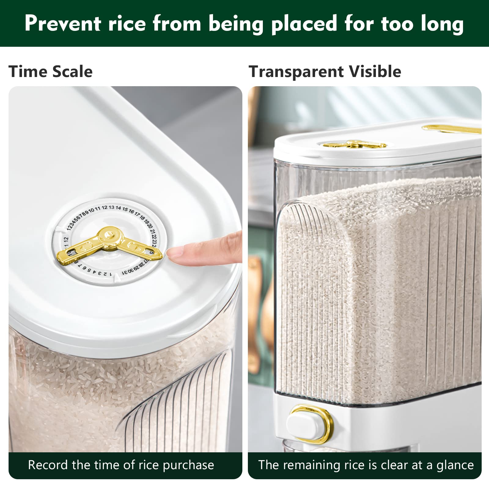 Lenwi 22 Lbs Rice Dispenser, Large Dry Food Storage Container with with Measuring Cup & Time Scale, Food Dispenser Kitchen Organization and Pantry Store for Cereal Dry Food (White)