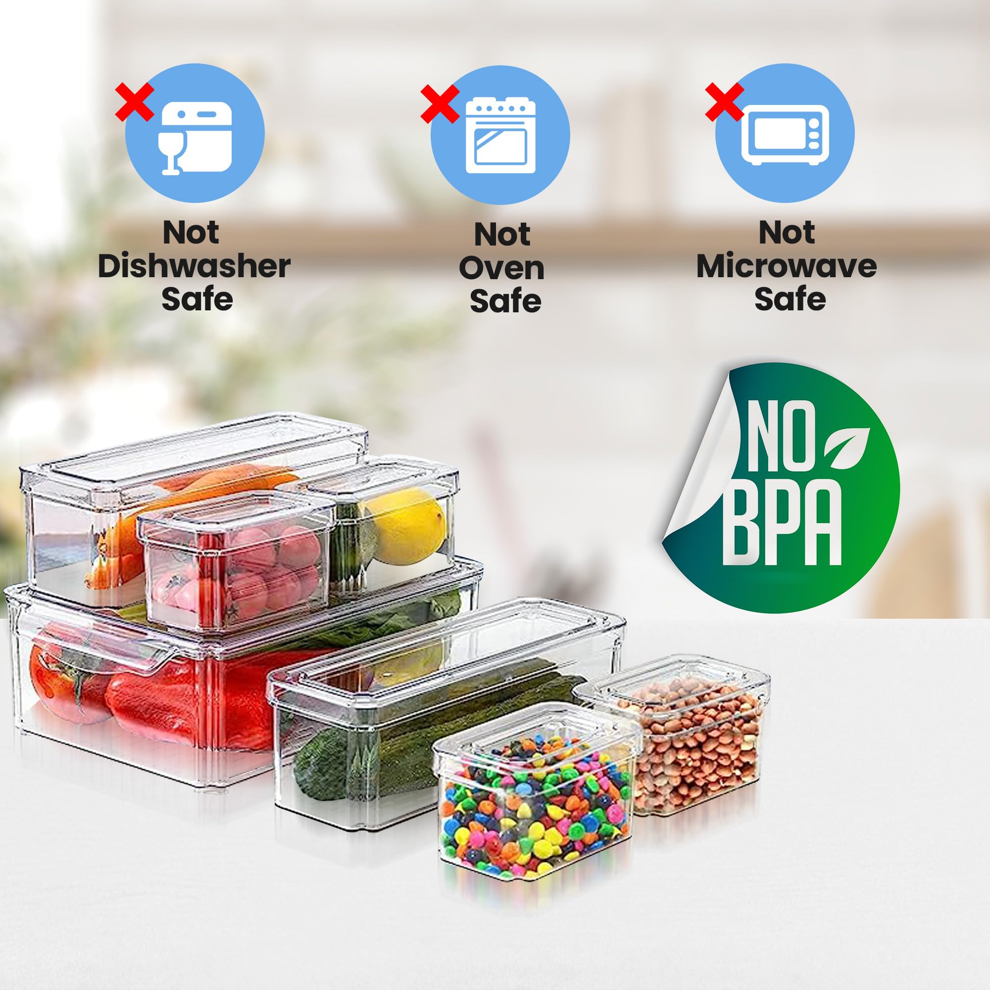 Clear Fridge Organizer Bins - 10 pcs Refrigerator Organizers and Storage Set for Fridge, Freezer, Kitchen, Stackable Pantry Organizer Bins - Includes Pack of 20 Food Bags - Ideal for Food & Drinks