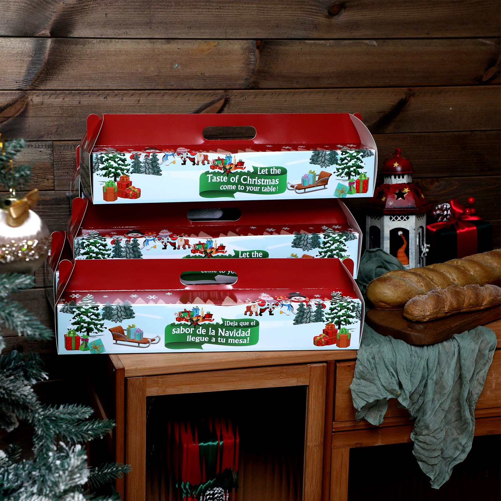 Cholemy Christmas Ham Bread Box Container 18" x 4.75" x 3" Paperboard Baking Bread Bags Non Window Bakery Bag for Holiday Packaging Gift Giving with Handle(50 Pcs)
