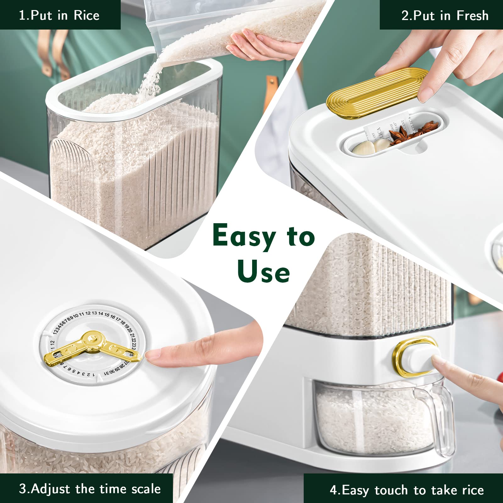 Lenwi 22 Lbs Rice Dispenser, Large Dry Food Storage Container with with Measuring Cup & Time Scale, Food Dispenser Kitchen Organization and Pantry Store for Cereal Dry Food (White)