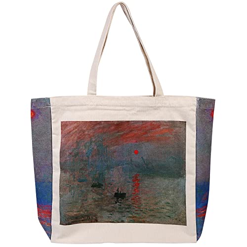 Sanmuci Canvas Tote Bag, Women's Large Zip Canvas Bag with Pockets, Vintage Graphic Aesthetic Shoulder Bags, Reusable Grocery Lunch Bag - Monet·Sunrise Impression