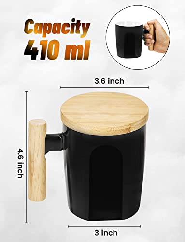 HOWAY Flat Bottom Mug with Wood Lid, Ceramic Tea Cup for Coffee Warmer, Flat Bottomed, Wooden Handle, 14oz