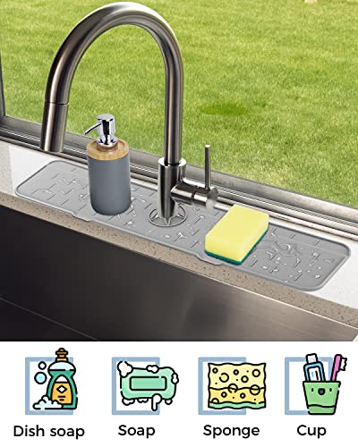 Kitchen Sink Splash Guard - 24 inch Silicone Faucet Handle Drip Catcher Tray, Dish Soap Sponge Holder Mat Behind Faucet, Kitchen Gadgets Sink Accessories Drying Mat Sink Caddy Organizer for Kitchen