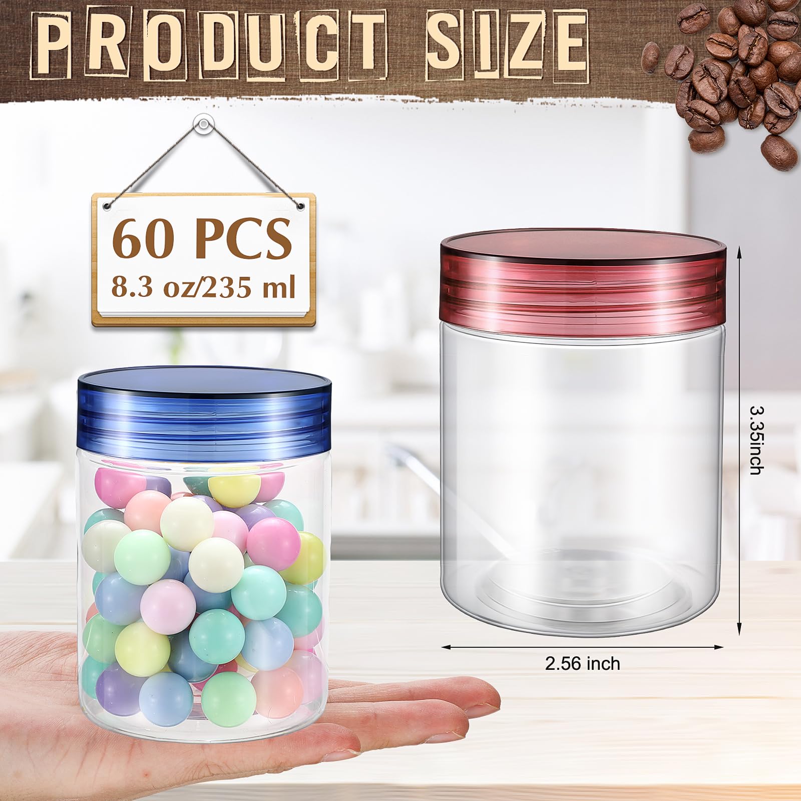Sliner 60 Pcs 8 oz Plastic Jars with Lids Clear Round Leakproof Storage Containers Empty Refillable Plastic Mason Jars for Travel Storage Face Creams Kitchen Household Food Spice (Colorful)