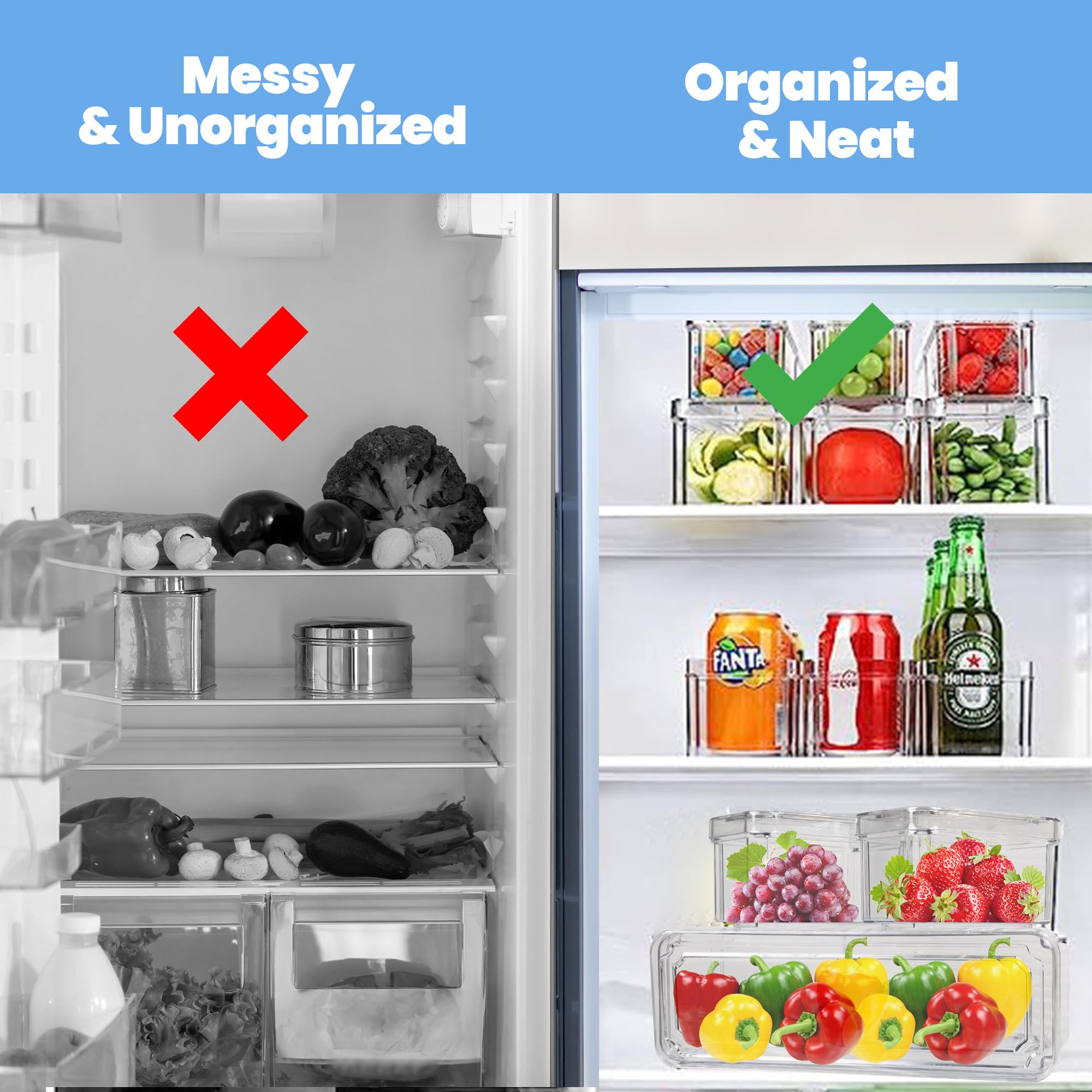 Clear Fridge Organizer Bins - 10 pcs Refrigerator Organizers and Storage Set for Fridge, Freezer, Kitchen, Stackable Pantry Organizer Bins - Includes Pack of 20 Food Bags - Ideal for Food & Drinks