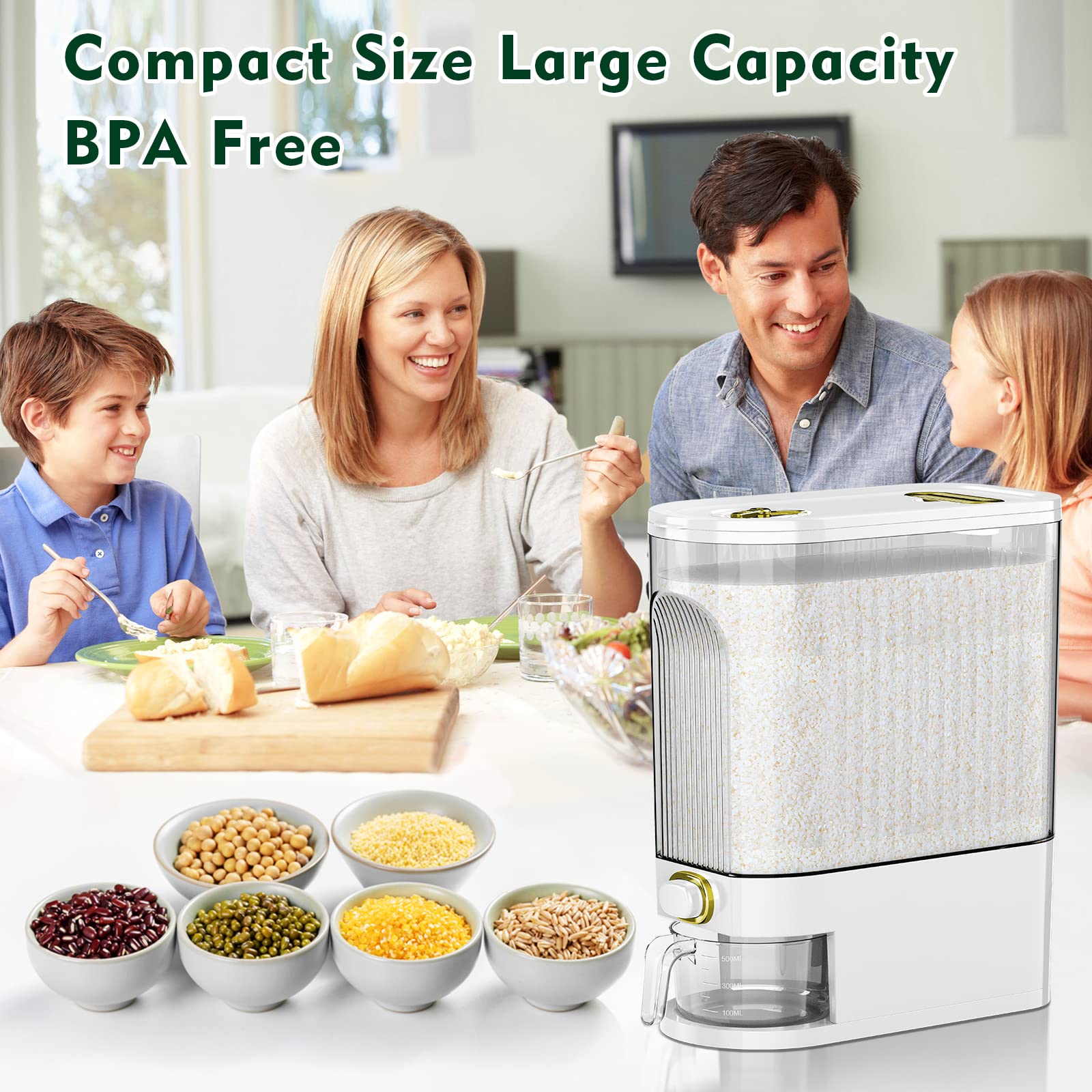 Lenwi 22 Lbs Rice Dispenser, Large Dry Food Storage Container with with Measuring Cup & Time Scale, Food Dispenser Kitchen Organization and Pantry Store for Cereal Dry Food (White)