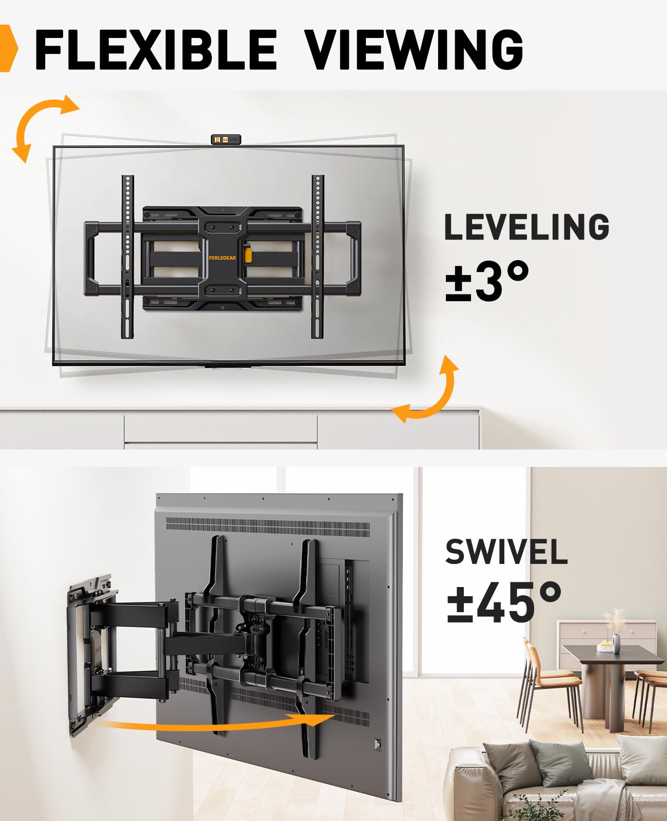Perlegear Full Motion TV Wall Mount for Most 37-82 inch Flat Curved Screen up to 100 lbs, 12"/16" Wood Studs, TV Mount Bracket with Dual Articulating Arms, Swivel, Tool-Free Tilt, Max VESA 600x400mm