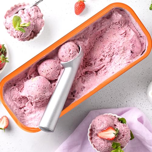 2 Pcs Reusable Ice Cream Containers with Lids and a Scoop 1.5 Quarts Plastic Rectangle Dessert Storage Tubs Homemade Ice Cream Storage Containers for Freezer Kitchen Refrigerator (Orange,Green)
