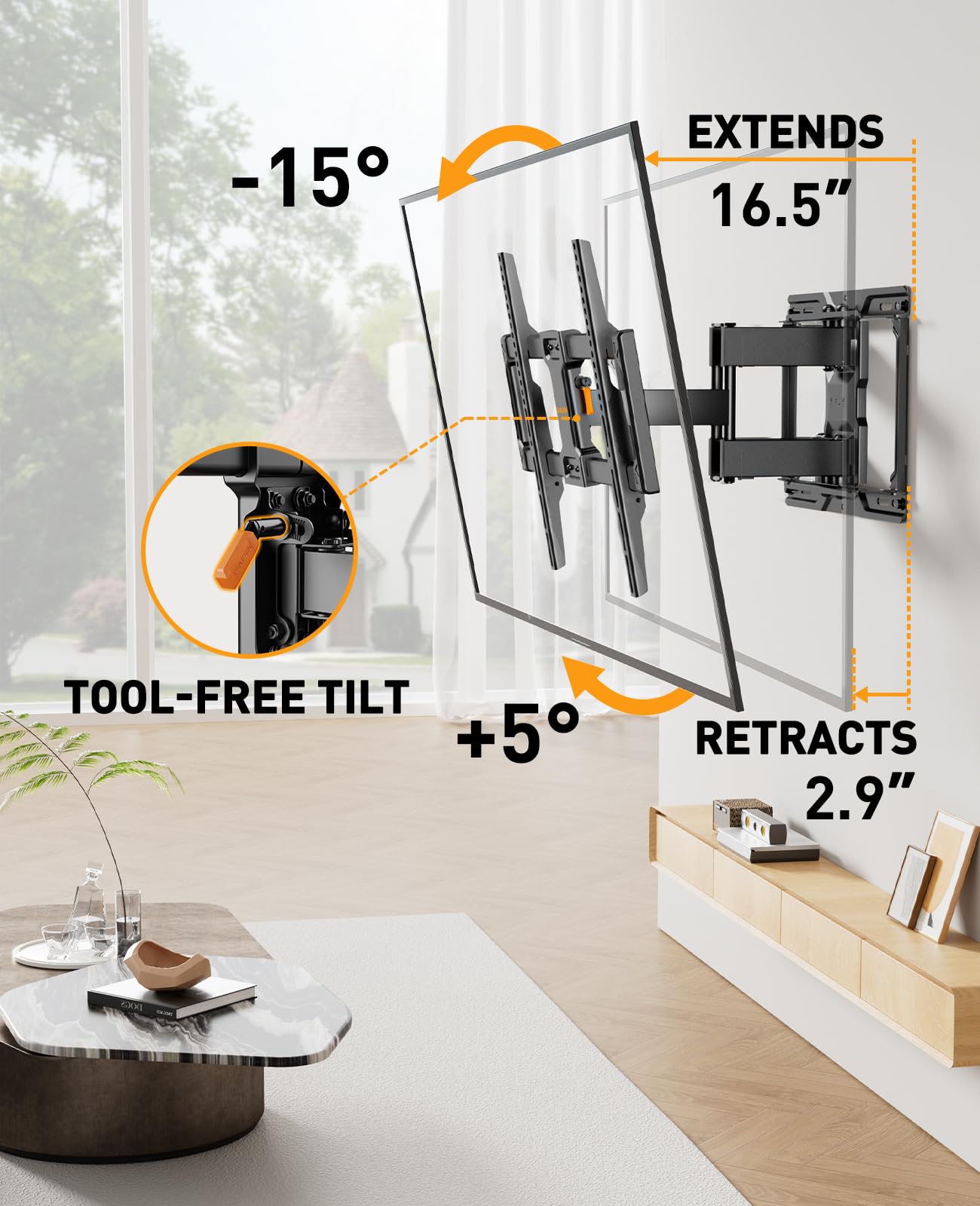 Perlegear Full Motion TV Wall Mount for Most 37-82 inch Flat Curved Screen up to 100 lbs, 12"/16" Wood Studs, TV Mount Bracket with Dual Articulating Arms, Swivel, Tool-Free Tilt, Max VESA 600x400mm