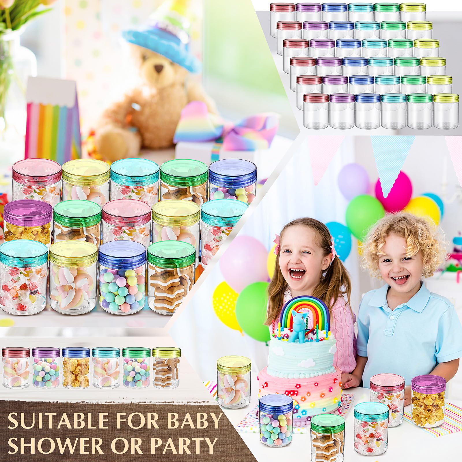 Sliner 60 Pcs 8 oz Plastic Jars with Lids Clear Round Leakproof Storage Containers Empty Refillable Plastic Mason Jars for Travel Storage Face Creams Kitchen Household Food Spice (Colorful)