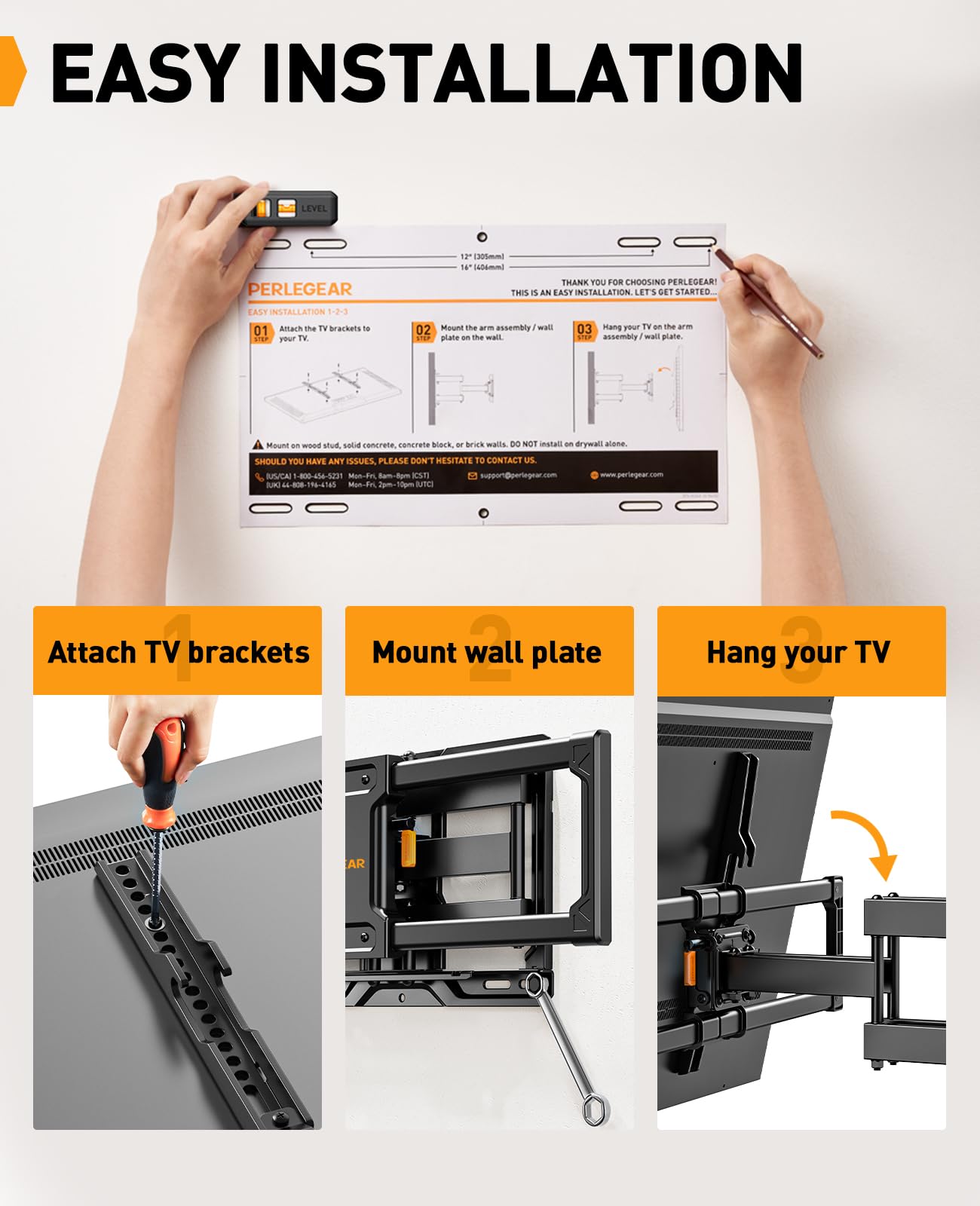 Perlegear Full Motion TV Wall Mount for Most 37-82 inch Flat Curved Screen up to 100 lbs, 12"/16" Wood Studs, TV Mount Bracket with Dual Articulating Arms, Swivel, Tool-Free Tilt, Max VESA 600x400mm