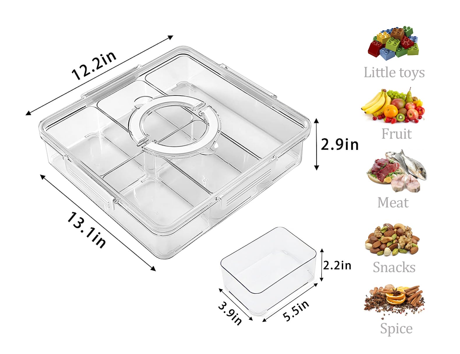YouLike 12'' Large Divided Snackle Box Charcuterie Container with Handles and Lids 6 Removable Compartment Fruit Serving Tray for Veggie Meal Prep Fridge Storage Box