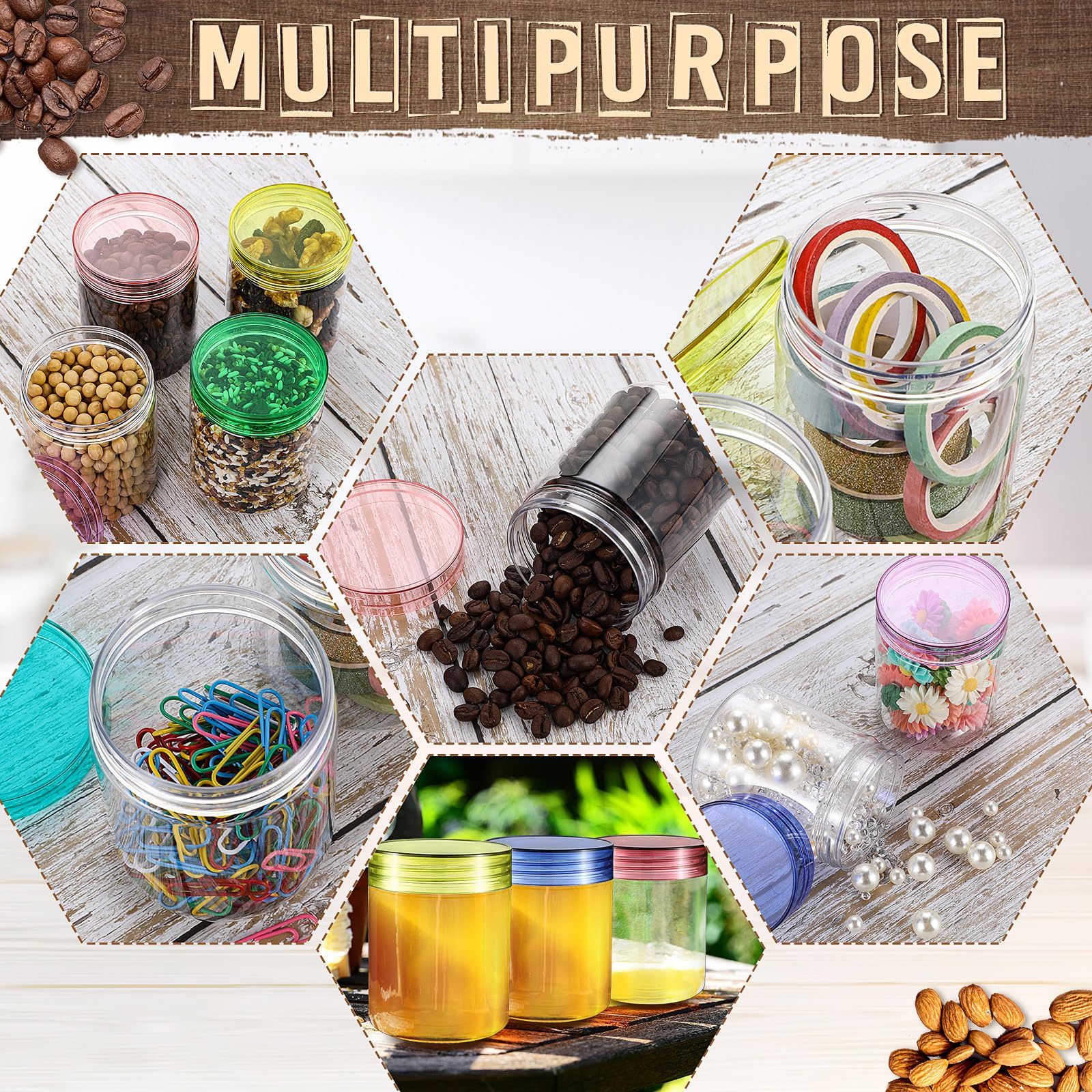 Sliner 60 Pcs 8 oz Plastic Jars with Lids Clear Round Leakproof Storage Containers Empty Refillable Plastic Mason Jars for Travel Storage Face Creams Kitchen Household Food Spice (Colorful)
