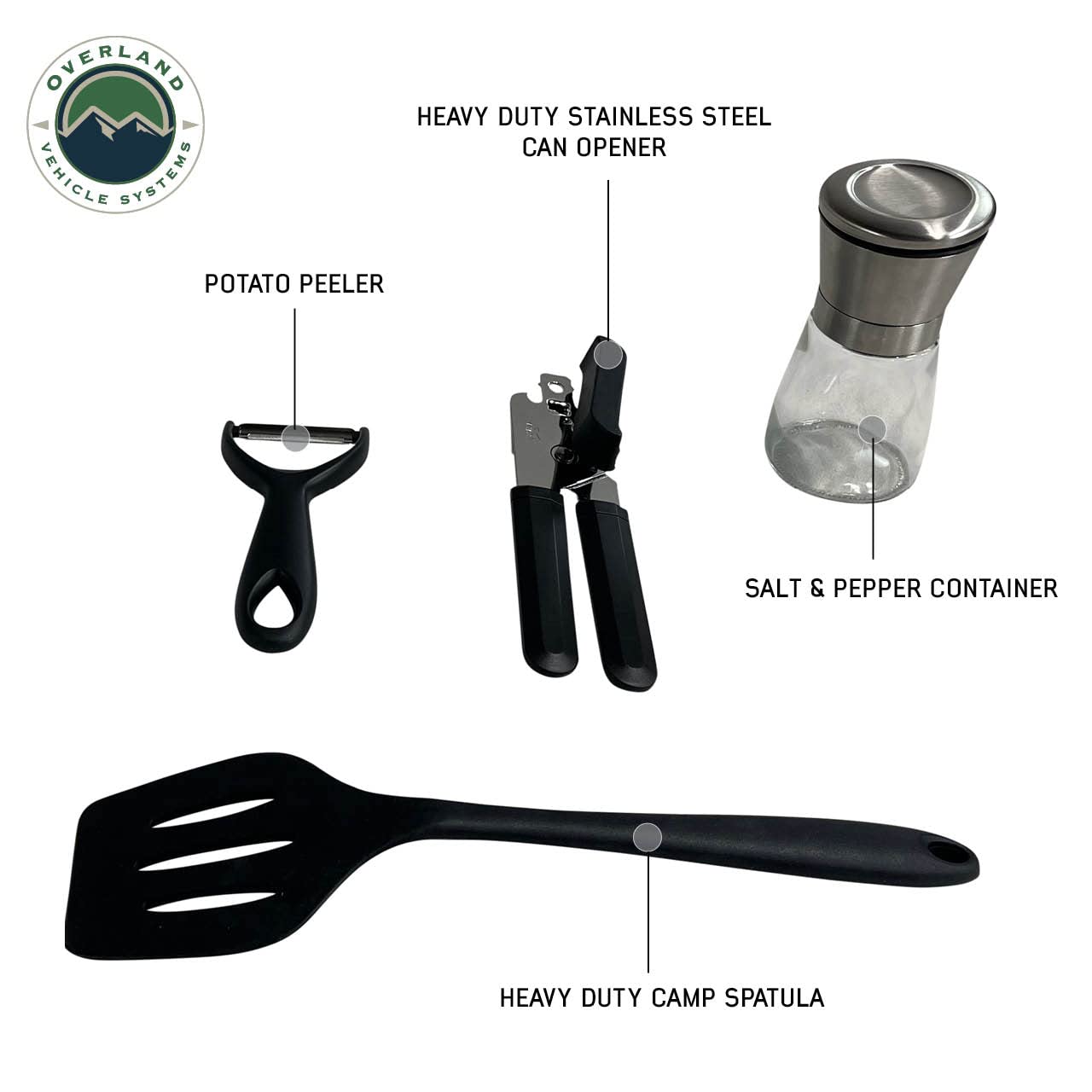 Overland Vehicle Systems Ultimate 39 Piece Utensil Set - Black Powder Coat Universal - 6061 Aircraft-Grade Aluminum Storage Box - Heavy Duty Grab Handles