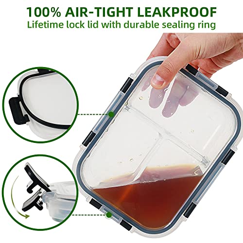 DAS TRUST 3 Pack Bento Box Glass Meal Prep Containers 3 Compartments Glass Food Storage Containers with Lids Meal Prep Bowls Lunch Box Glass Food Prep Containers Lunch Container Oven Safe
