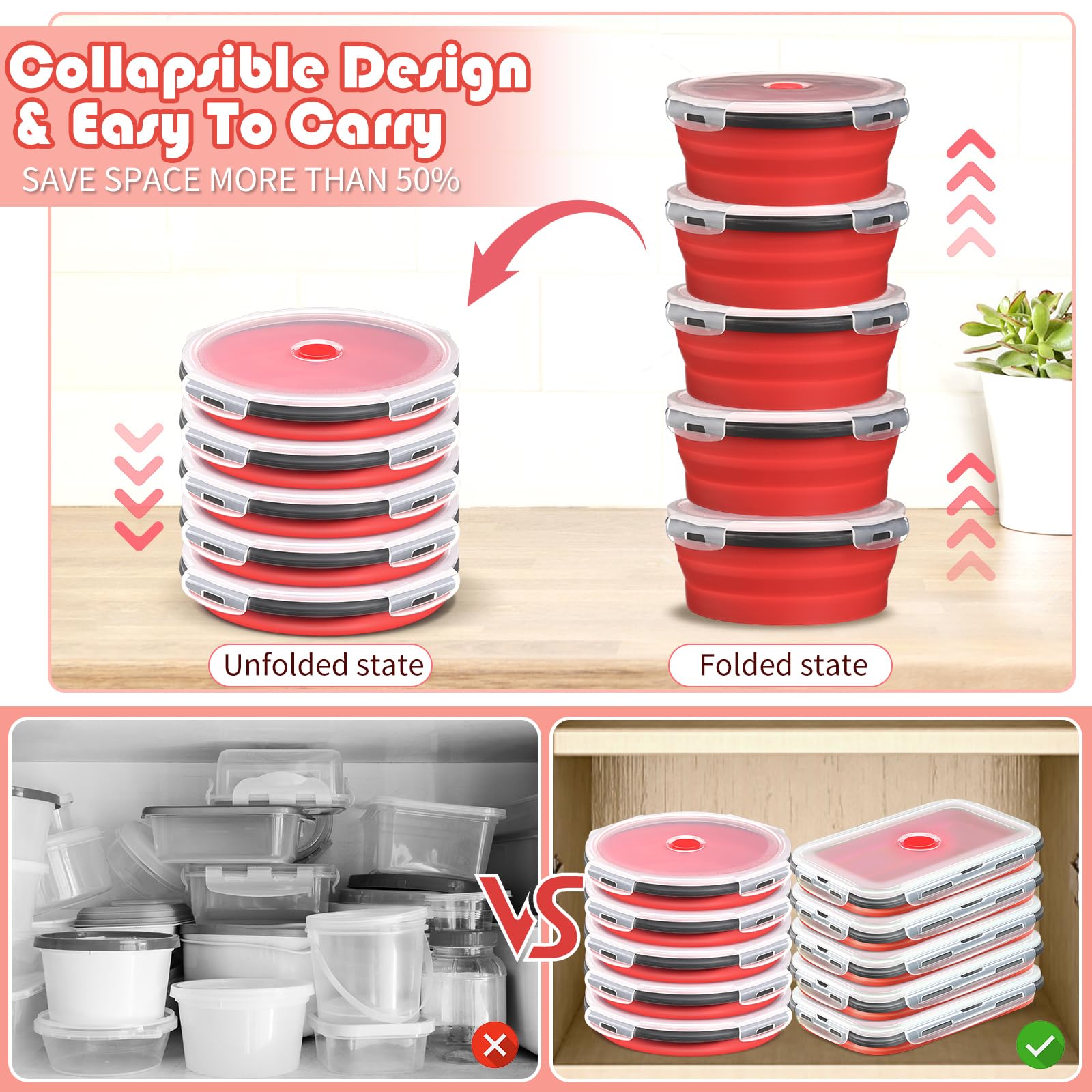 Dandat 10 Pcs 27 oz Large Silicone Collapsible Food Storage Containers with Airtight Lids Stacking Meal Lunch Containers for Kitchen, Travel, Microwave Freezer Dishwasher Safe(Grey, Red)