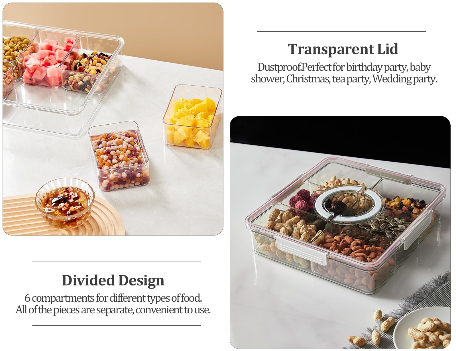 YouLike 12'' Large Divided Snackle Box Charcuterie Container with Handles and Lids 6 Removable Compartment Fruit Serving Tray for Veggie Meal Prep Fridge Storage Box