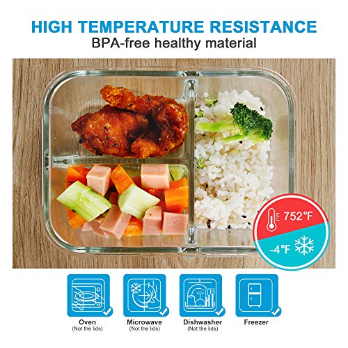 DAS TRUST 3 Pack Bento Box Glass Meal Prep Containers 3 Compartments Glass Food Storage Containers with Lids Meal Prep Bowls Lunch Box Glass Food Prep Containers Lunch Container Oven Safe