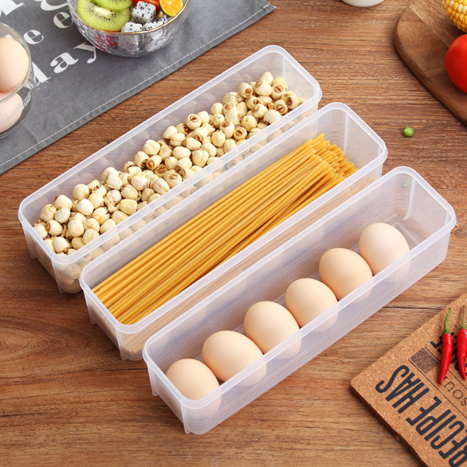 FEOOWV Set of 6 Pasta Storage Containers with Lid, Airtight Spaghetti Noodle Holder Rectangular Chopstick Storage Box Sealed Noodle Canisters for Refrigerator, Kitchen Pantry (White)