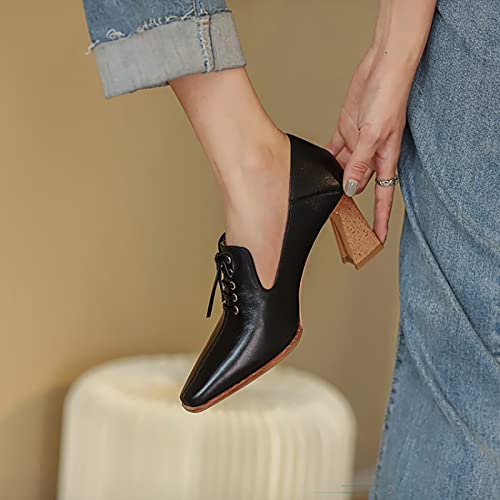 Women's Retro English Style Pointed Thick Heel French Single Shoes Casual Work Shoes Women Black