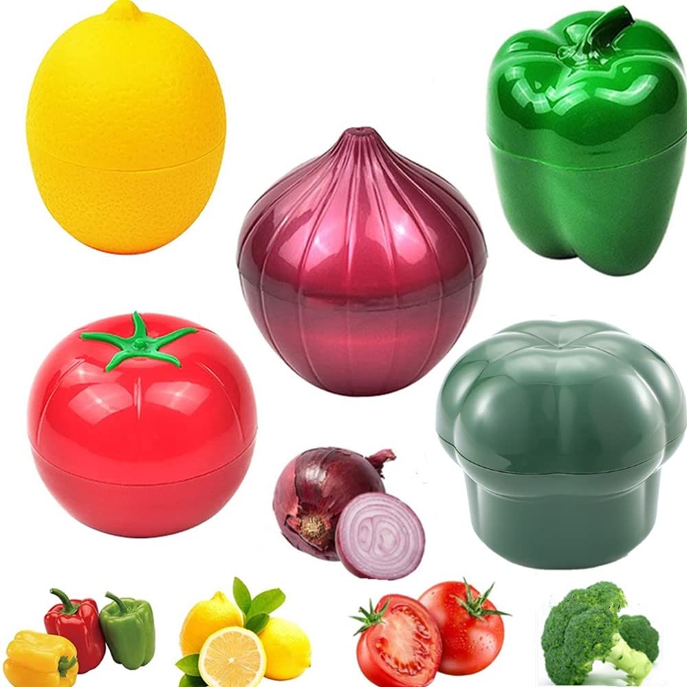 Fruit and Vegetable Storage Containers Reusable SiliconeRefrigerator Box Storage Bowls Saver Holder Keeper for Green pepper, onion, Tomato, Lemon, and Broccoli ļ¼Refrigerator Vegetable Crisper 5Pieces