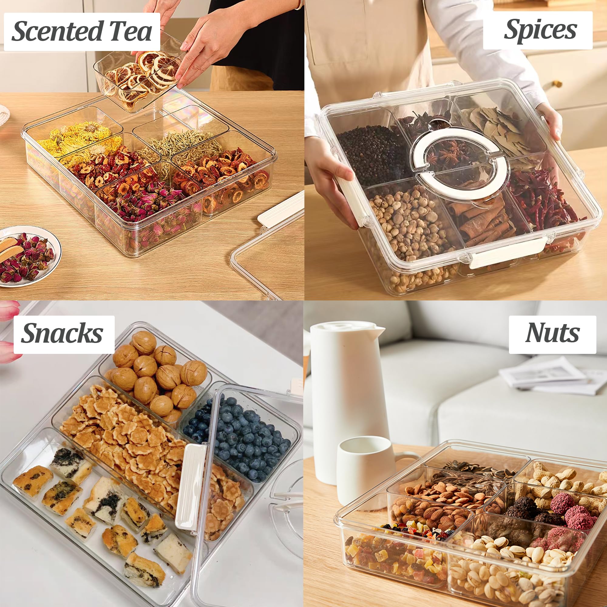 YouLike 12'' Large Divided Snackle Box Charcuterie Container with Handles and Lids 6 Removable Compartment Fruit Serving Tray for Veggie Meal Prep Fridge Storage Box