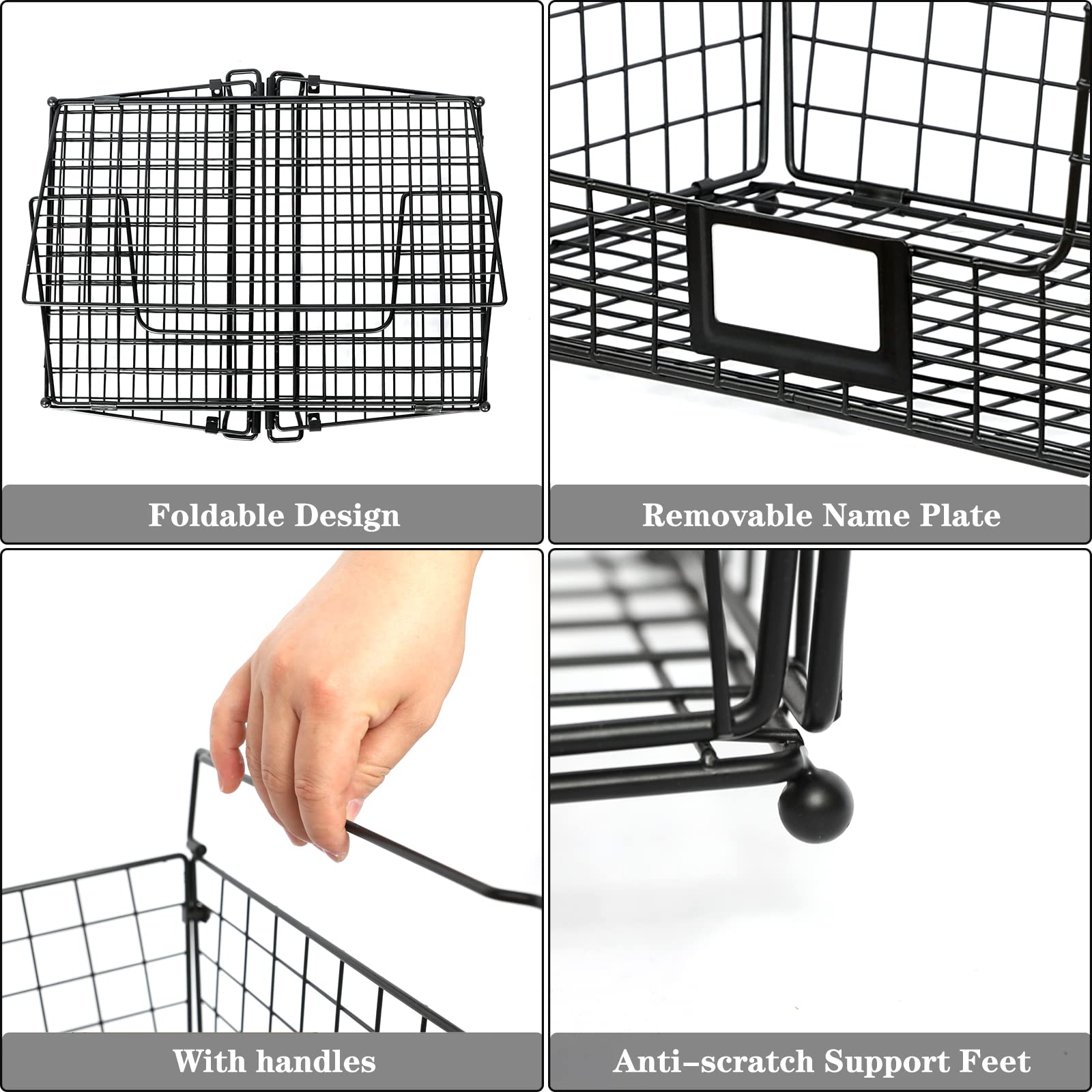 3 Pack XXL Stackable Wire Baskets for Pantry Storage and Organization- Large Metal Storage Bins with Handle and Chalkboard for Fruit Vegetable Snack Food- Kitchen Cabinet Countertop Organizer - Black