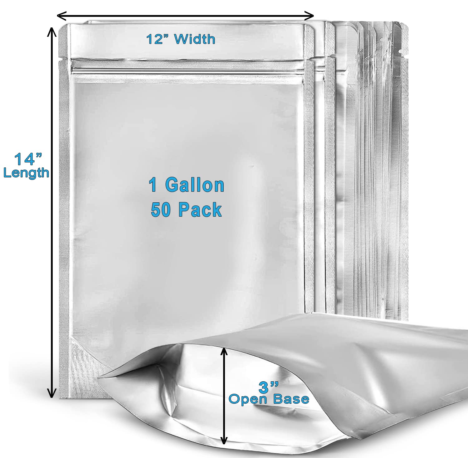 One Gallon Resealable 4.7 ml Mylar Bags, 50 Unit Set with 300cc Oxygen Absorbers and Labels; Thick and Heat Sealable. Food Storage Done Easy!