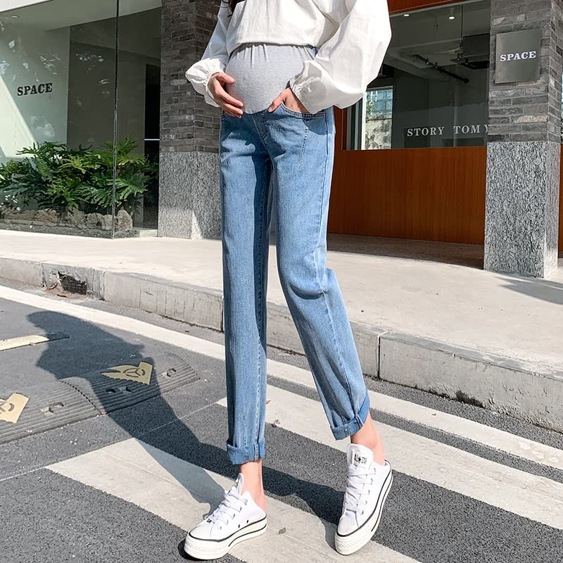 XiaoMinZhang Spring Belly Support Denim Daddy Pants for Pregnant Women Durable (Color : Denim Blue, Size : M)