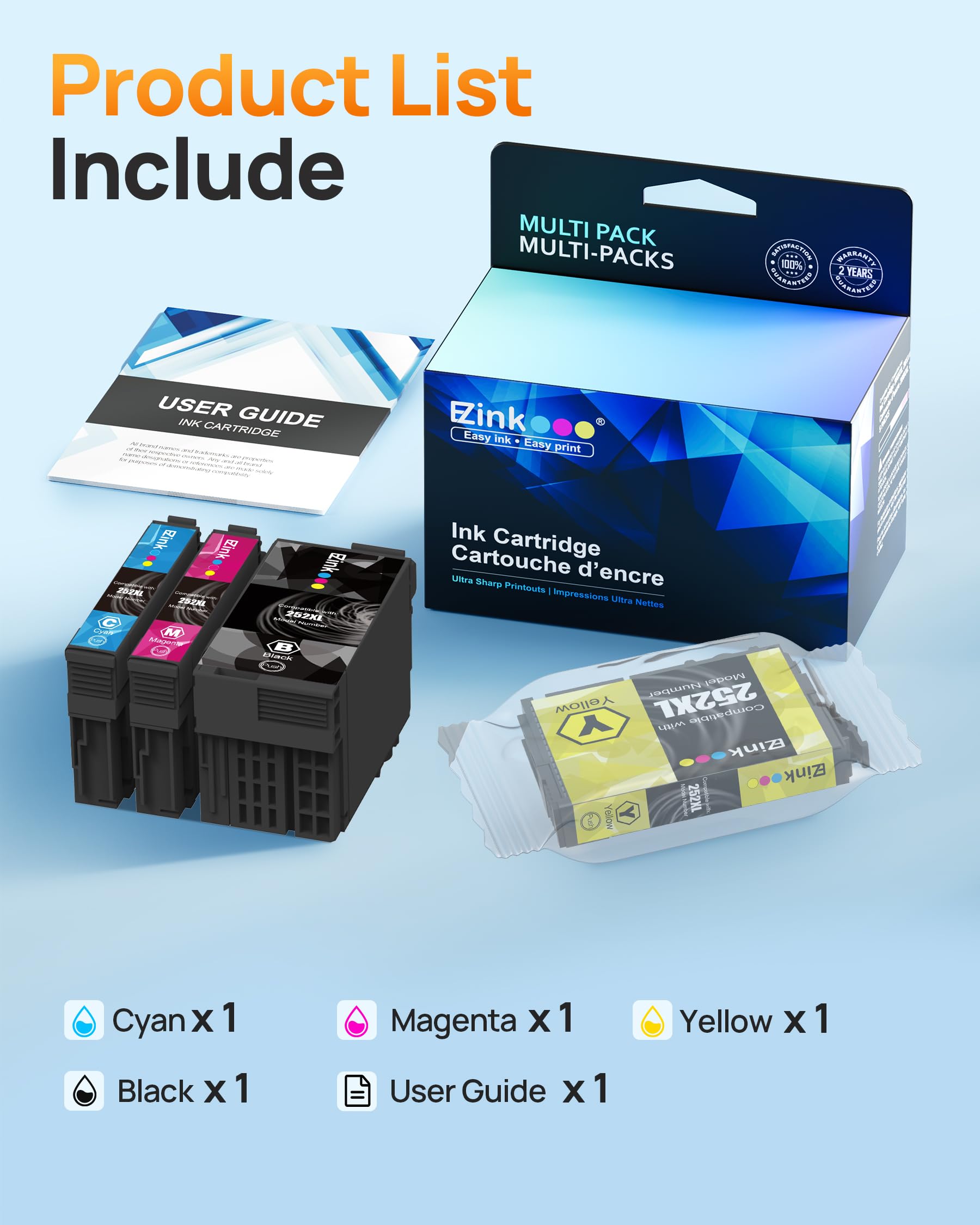 E-Z Ink (TM Remanufactured Ink Cartridge Replacement for Epson 252XL 252 XL T252XL120 to use with Workforce WF-7110 WF-7720 WF-7710 WF-3620 WF-3640 (1 Large Black, 1 Cyan, 1 Magenta, 1 Yellow) 4 Pack