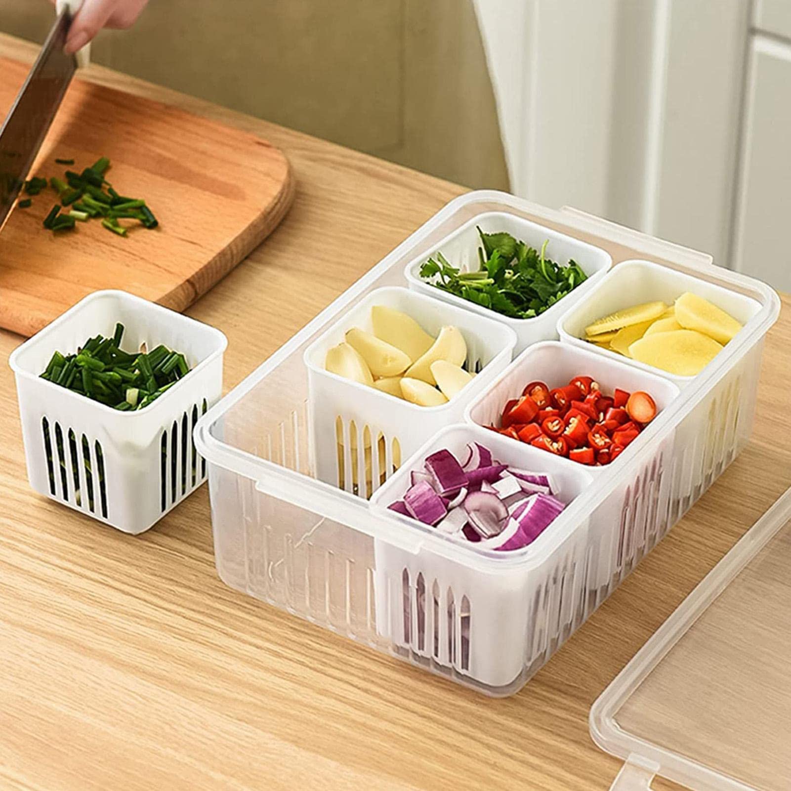GUANGLU Scallion Storage Box - Reusable Fridge Food Storage Box with Lids, Detachable Kitchen Drain Basket for Ginger Garlic Onion(1/2)