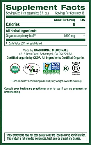 Traditional Medicinals Organic Raspberry Leaf Herbal Tea Caffeine Free, (Pack of 4) Total 64 Total Bag Tea