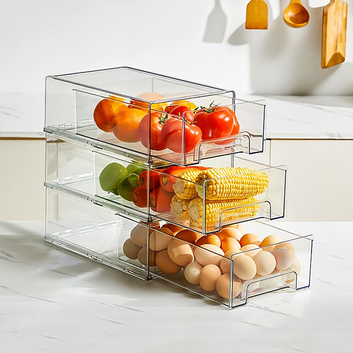 MANO 2Pack Clear Fridge Drawers Pull Out Stackable Refrigerator Drawer Organizer Bins Pantry Storage Box Plastic Food Containers for Kitchen Bathroom Office Closet(Large)
