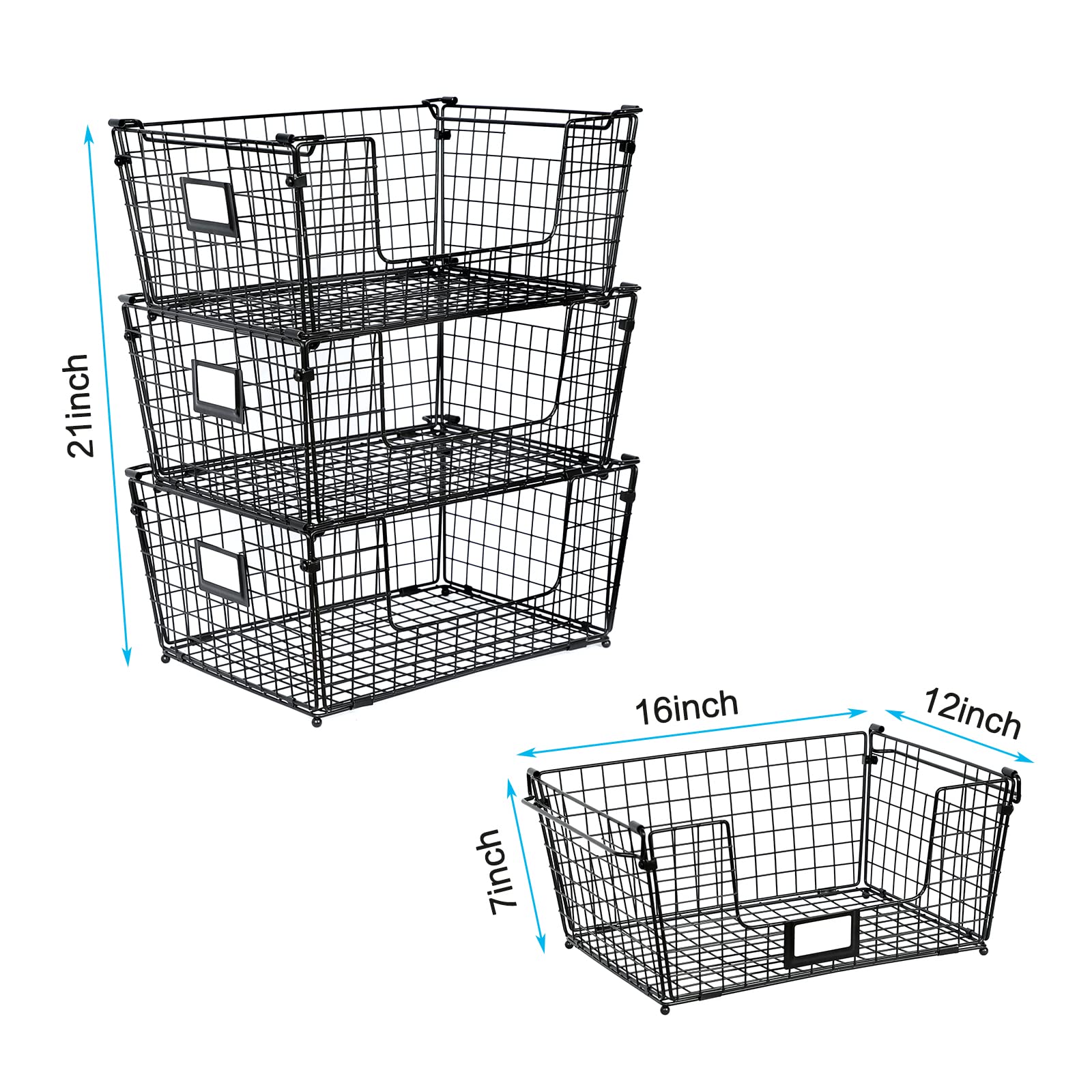 3 Pack XXL Stackable Wire Baskets for Pantry Storage and Organization- Large Metal Storage Bins with Handle and Chalkboard for Fruit Vegetable Snack Food- Kitchen Cabinet Countertop Organizer - Black