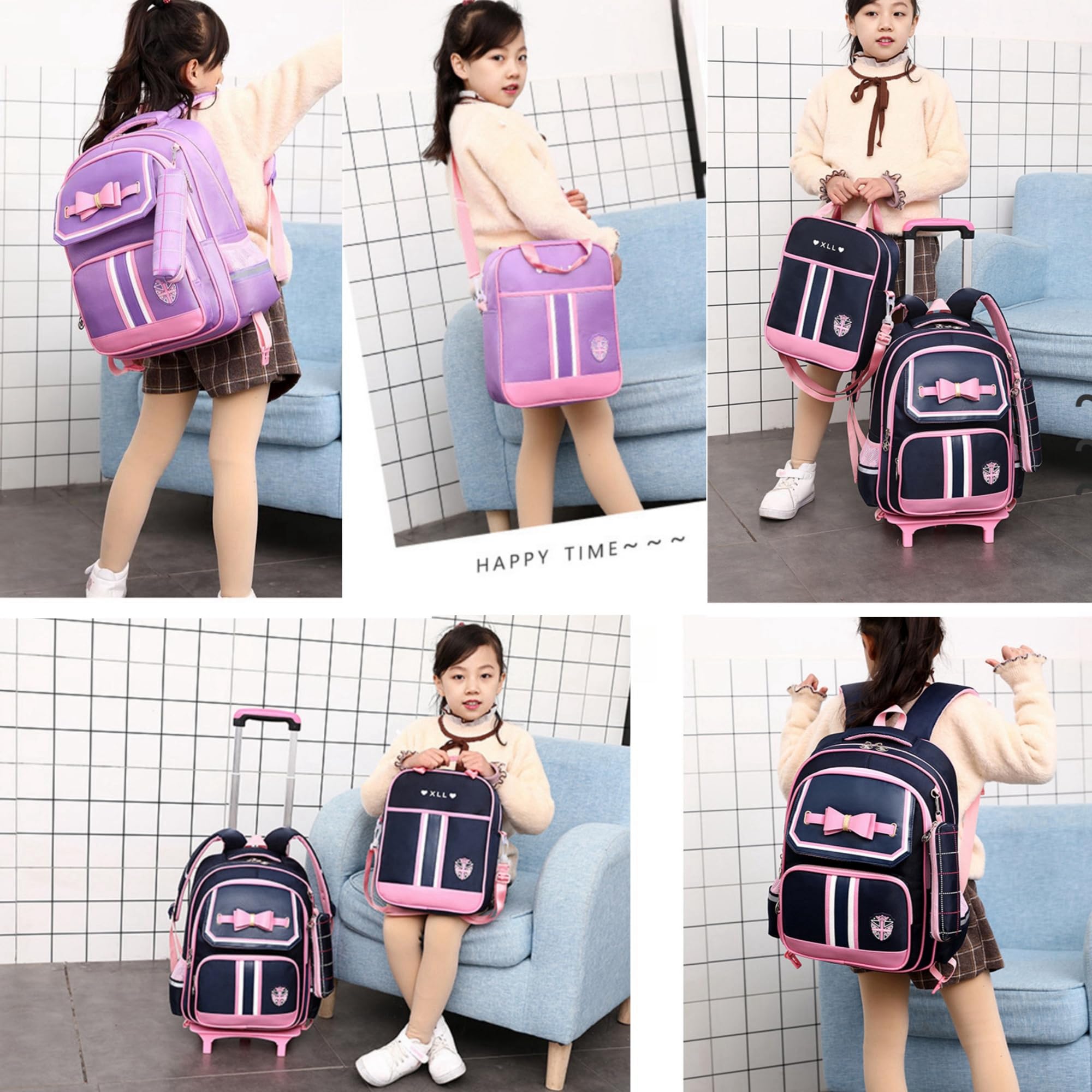 3Pcs Rolling Backpack for Girls Cute Bowknot Students Bookbags Primary Schoolbag Trolley Bags Wheeled Backpack Kids Carry-On Luggage with Lunch Bag&Pencil Case