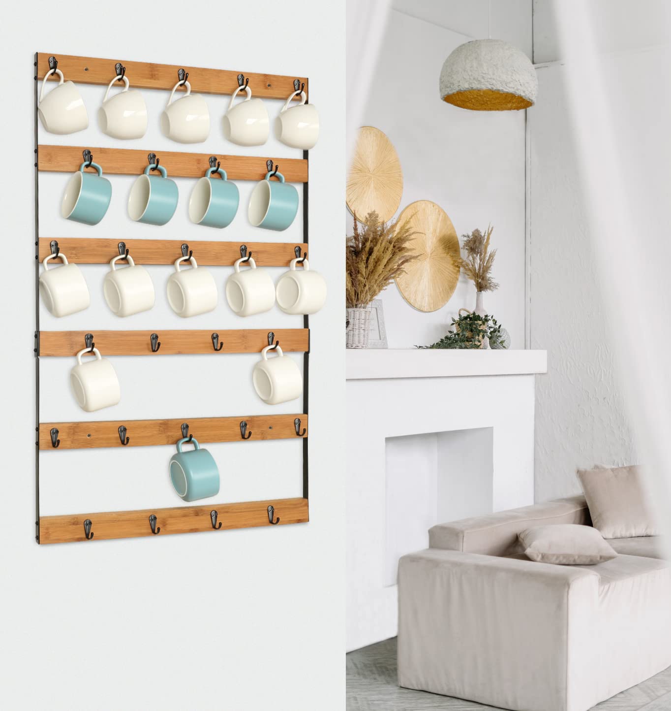 Aomomery Coffee Mug Rack,Rustic Coffee Mug Holder Wall Mounted,Bamboo Coffee Cup Holder with 27 Mug Organizer Hooks,Large 6-Tier Mug Display for Kitchen