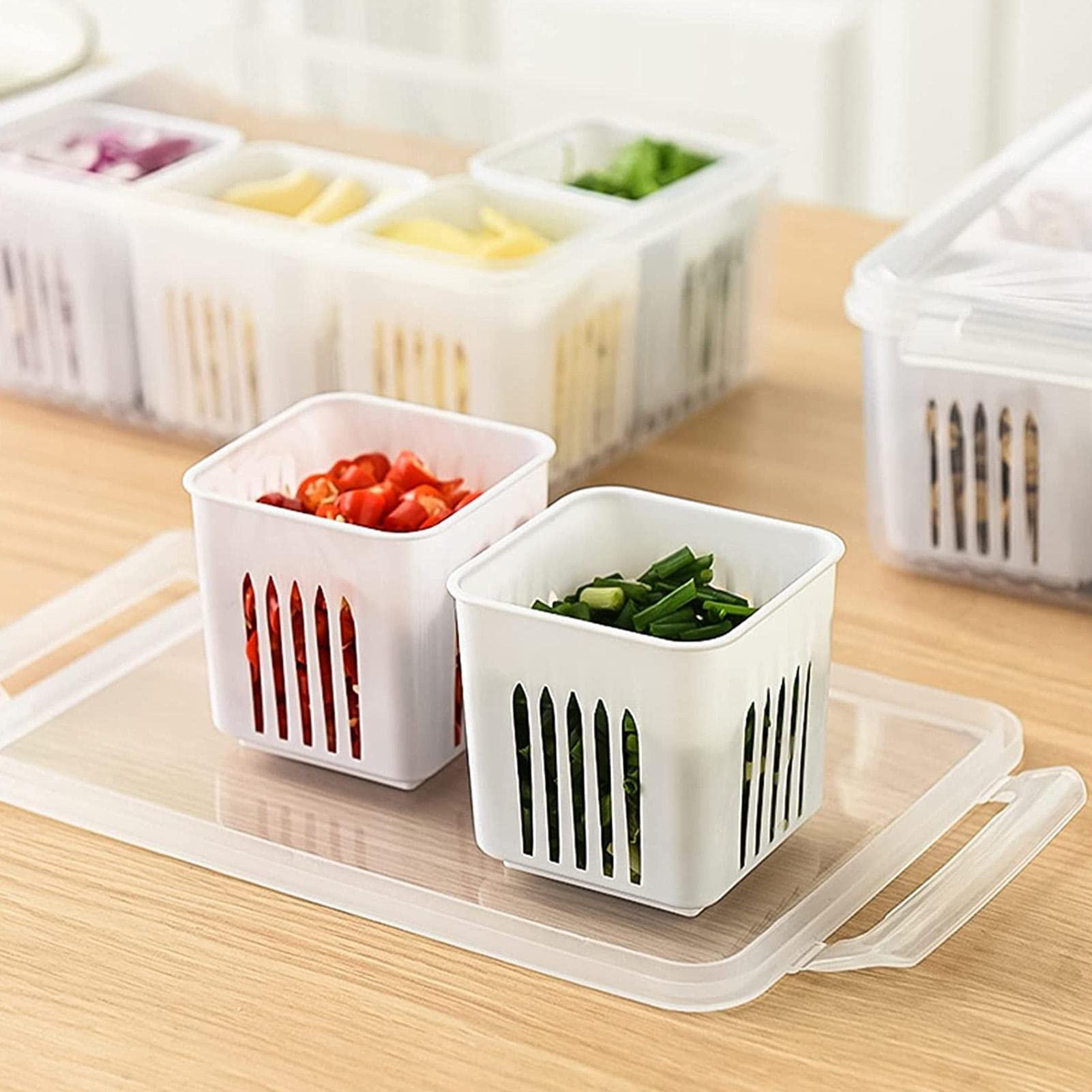 GUANGLU Scallion Storage Box - Reusable Fridge Food Storage Box with Lids, Detachable Kitchen Drain Basket for Ginger Garlic Onion(1/2)