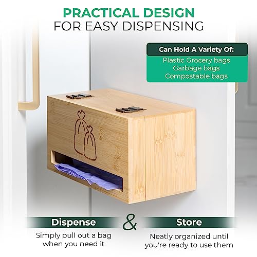 Trash Bag Dispenser Bamboo 10x6x6" - Rustic Lock & Hinges and Hanging Holes - Keep Your Plastic and Garbage Bags Within Reach - A Must-Have Kitchen Organizer that Adds a Touch of Charm to Your Space