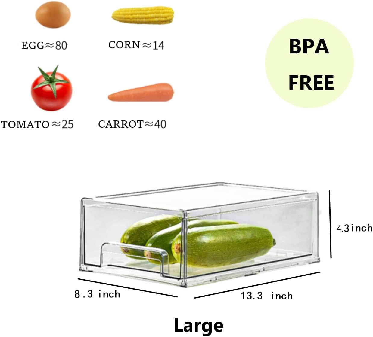 MANO 2Pack Clear Fridge Drawers Pull Out Stackable Refrigerator Drawer Organizer Bins Pantry Storage Box Plastic Food Containers for Kitchen Bathroom Office Closet(Large)