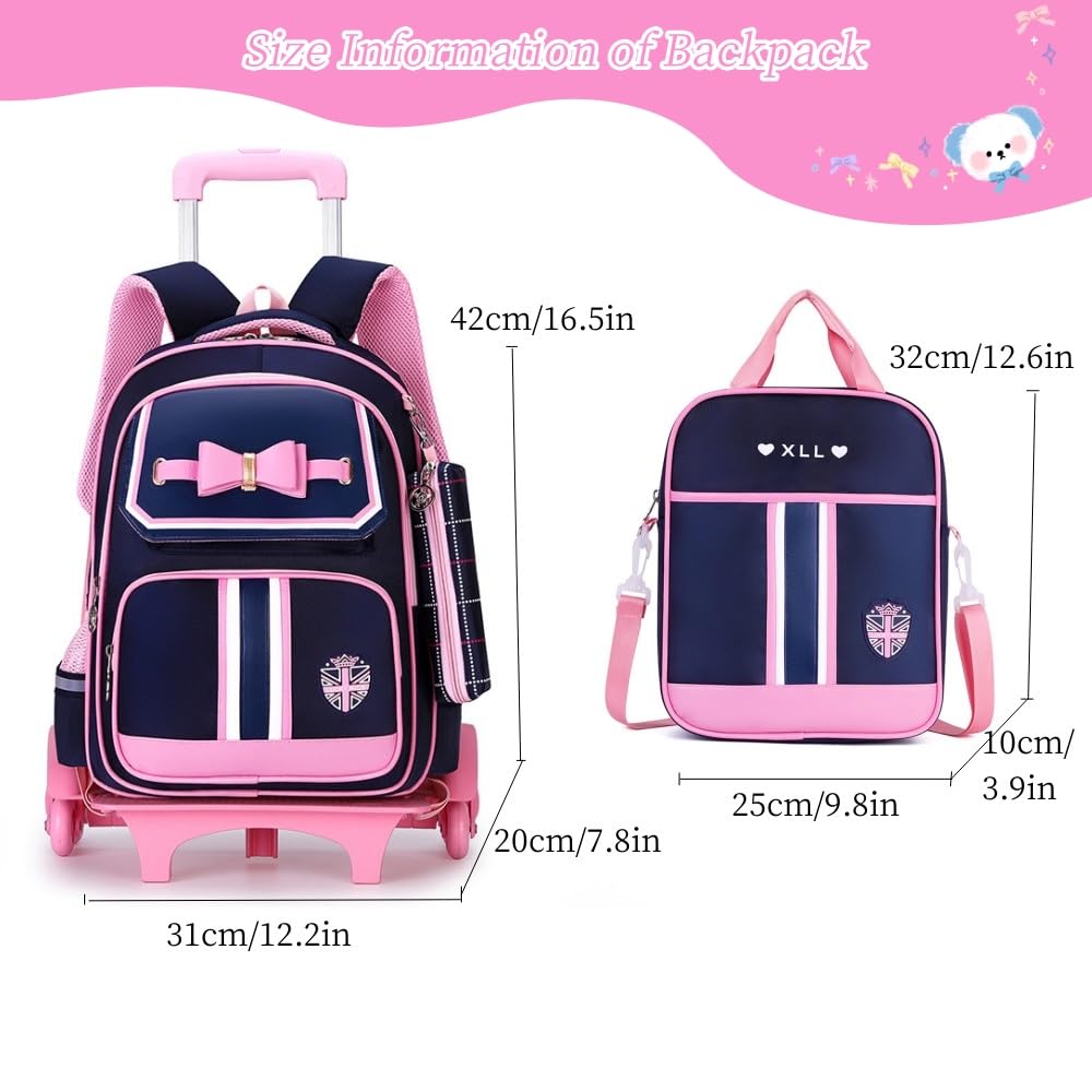 3Pcs Rolling Backpack for Girls Cute Bowknot Students Bookbags Primary Schoolbag Trolley Bags Wheeled Backpack Kids Carry-On Luggage with Lunch Bag&Pencil Case