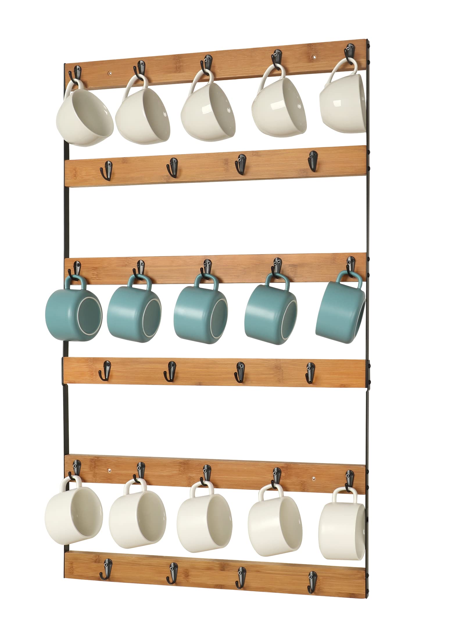Aomomery Coffee Mug Rack,Rustic Coffee Mug Holder Wall Mounted,Bamboo Coffee Cup Holder with 27 Mug Organizer Hooks,Large 6-Tier Mug Display for Kitchen