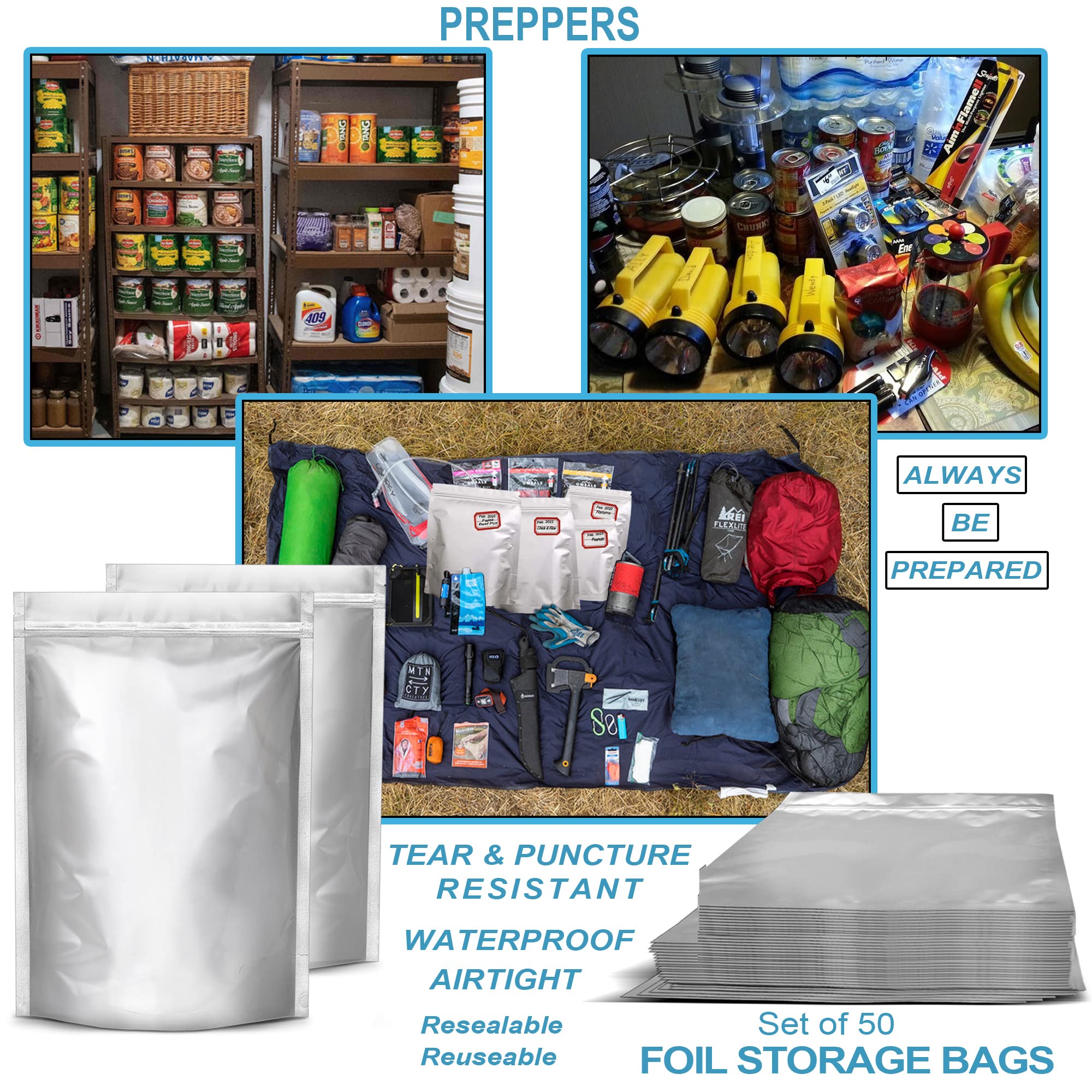 One Gallon Resealable 4.7 ml Mylar Bags, 50 Unit Set with 300cc Oxygen Absorbers and Labels; Thick and Heat Sealable. Food Storage Done Easy!