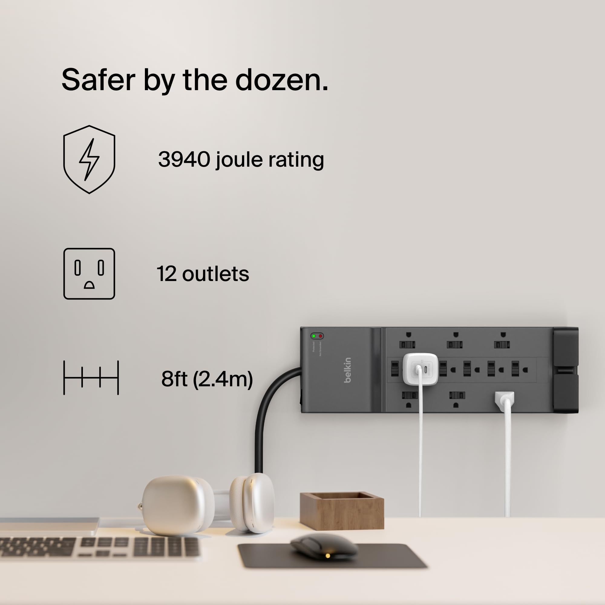 Belkin Power Strip Surge Protector - 12 AC Multiple Outlets & 8 ft Long Flat Plug Heavy Duty Extension Cord for Home, Office, Travel, Computer Desktop, Laptop & Phone Charging Brick (3,940 Joules)