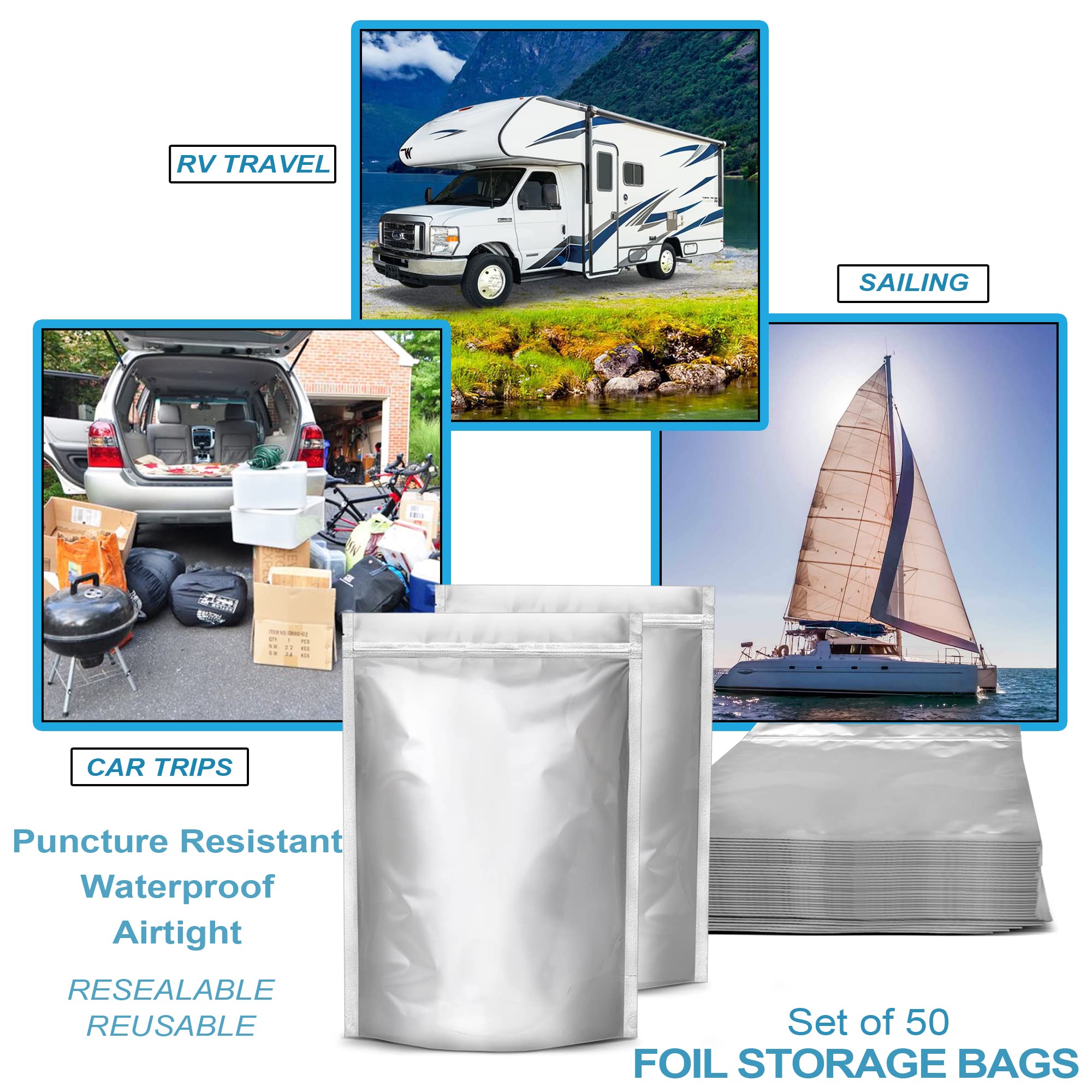 One Gallon Resealable 4.7 ml Mylar Bags, 50 Unit Set with 300cc Oxygen Absorbers and Labels; Thick and Heat Sealable. Food Storage Done Easy!