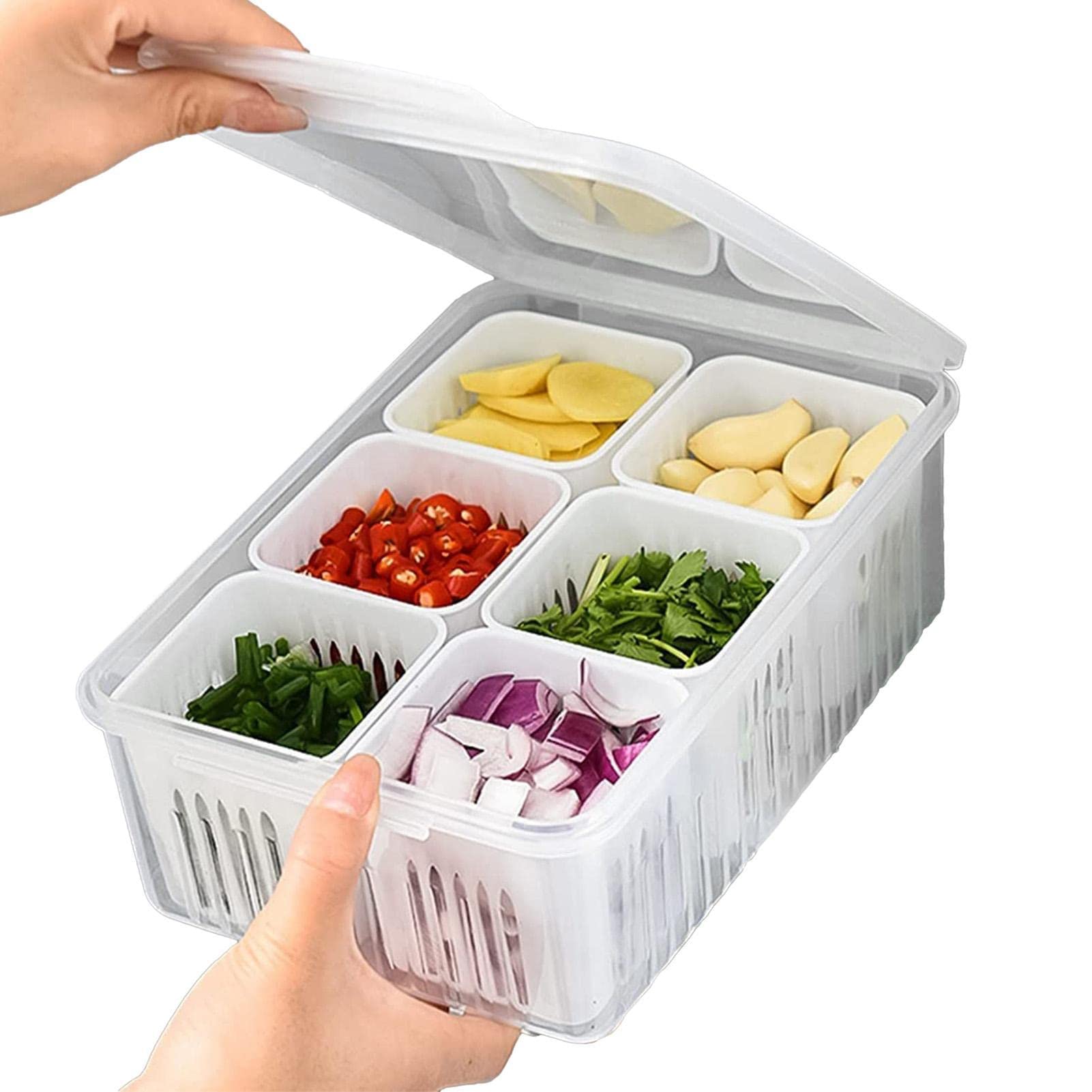 GUANGLU Scallion Storage Box - Reusable Fridge Food Storage Box with Lids, Detachable Kitchen Drain Basket for Ginger Garlic Onion(1/2)