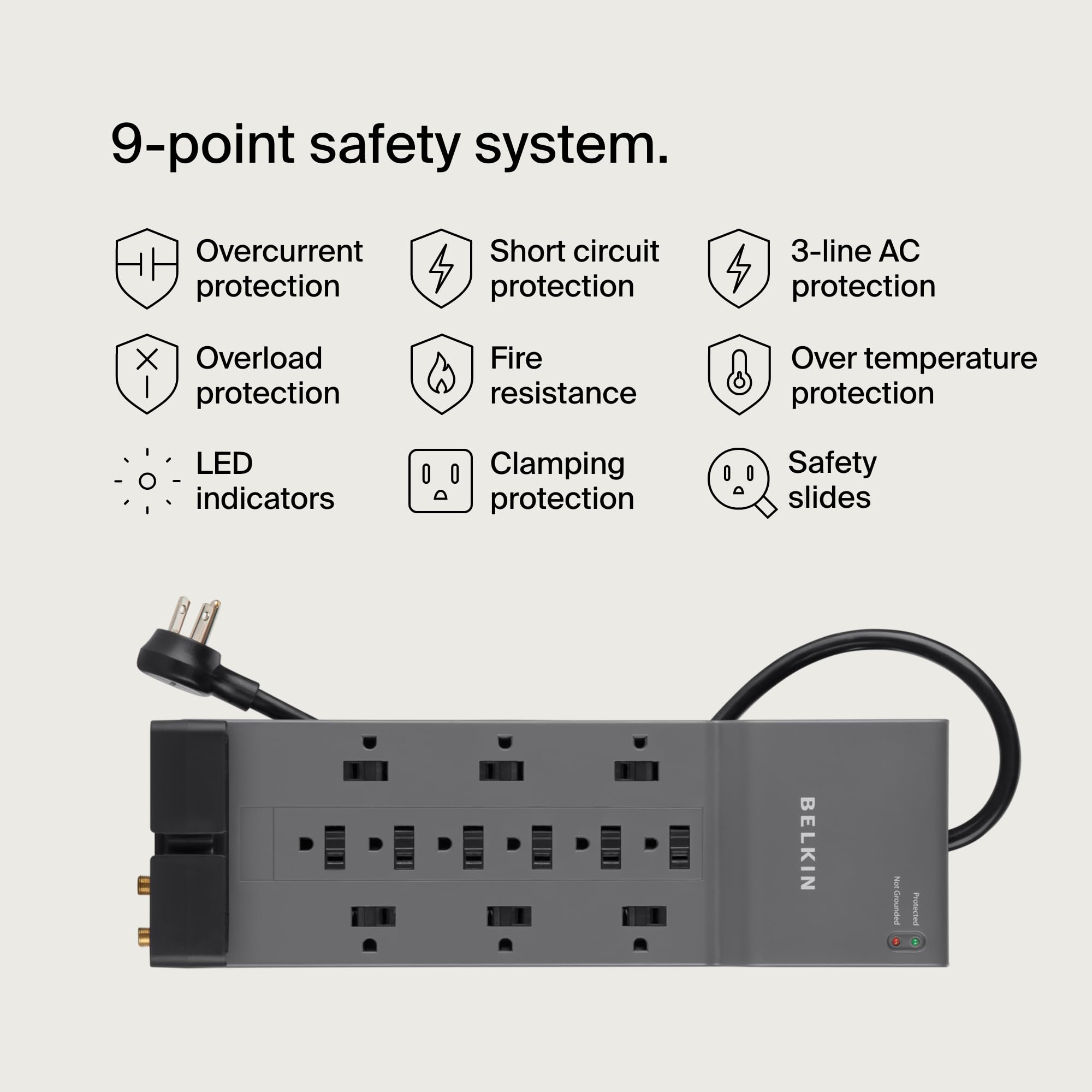 Belkin Power Strip Surge Protector - 12 AC Multiple Outlets & 8 ft Long Flat Plug Heavy Duty Extension Cord for Home, Office, Travel, Computer Desktop, Laptop & Phone Charging Brick (3,940 Joules)