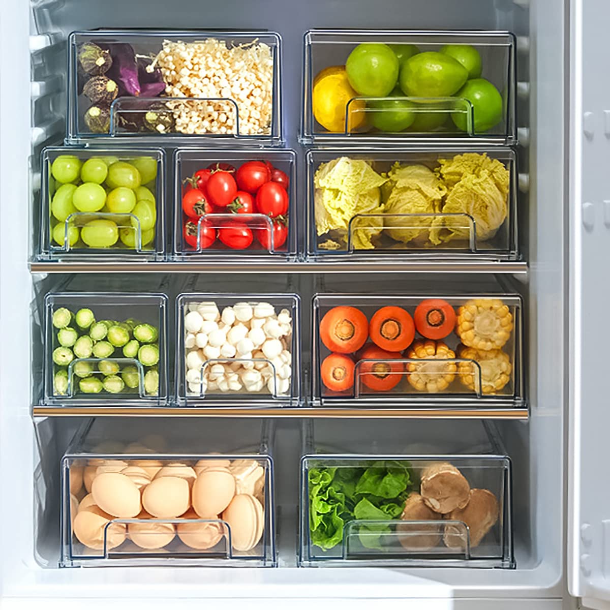 MANO 2Pack Clear Fridge Drawers Pull Out Stackable Refrigerator Drawer Organizer Bins Pantry Storage Box Plastic Food Containers for Kitchen Bathroom Office Closet(Large)