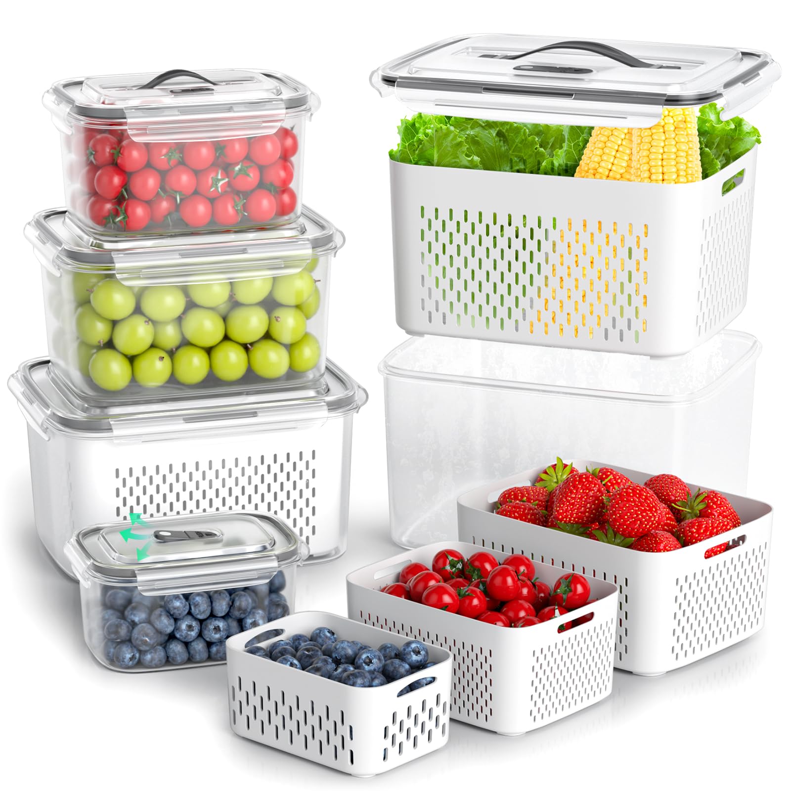 Fruit Storage Containers for Fridge - 5 Size Food Storage Containers for Refrigerator Organizers Bins with Colander Set, Clear Lettuce Keeper with Lids and Handle, Ideal Vegetable Storage Bins