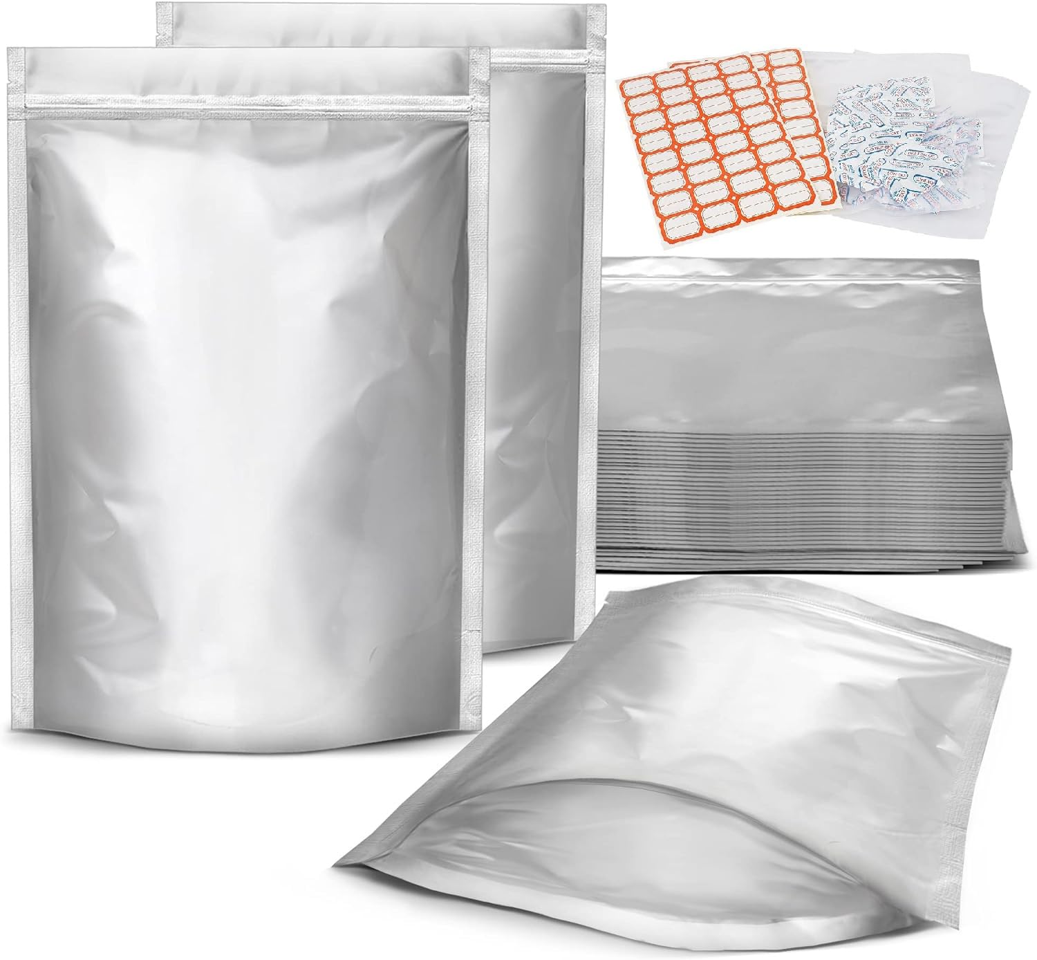 One Gallon Resealable 4.7 ml Mylar Bags, 50 Unit Set with 300cc Oxygen Absorbers and Labels; Thick and Heat Sealable. Food Storage Done Easy!
